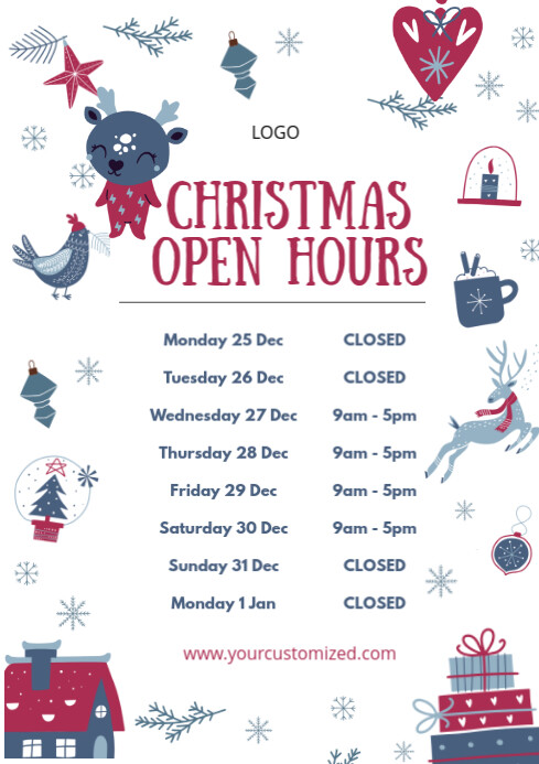 White Illustrative Christmas Open Hours A4 Template | PosterMyWall
