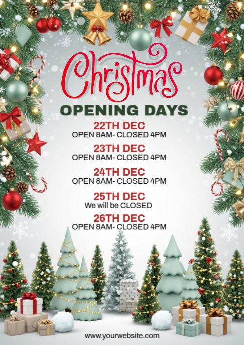 White Illustrative Christmas Open Hours A4 Template | PosterMyWall
