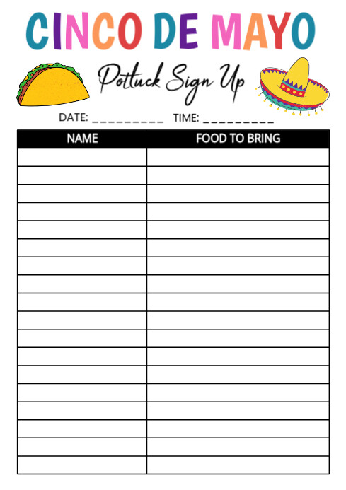 White Illustrative Cinco De Mayo Potluck Sign Up Sheet A4 Template ...