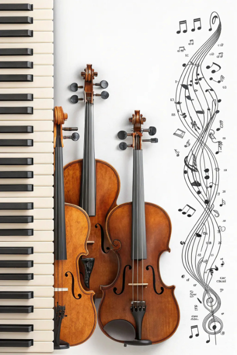 White Illustrative Classical String Instrument Piano Border Poster ...