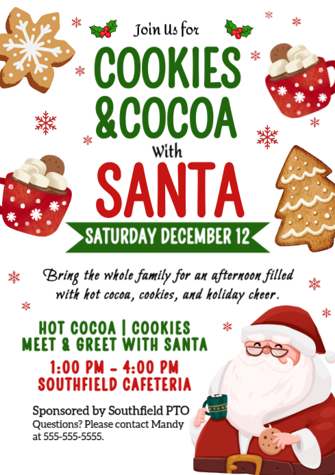 White Illustrative Cookies And Cocoa With Santa Flyer Christmas Party ...
