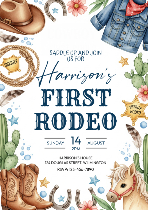 White Illustrative Cowboy Birthday Invitation A4 Template | PosterMyWall