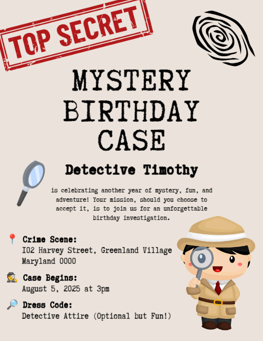 Copy of White Illustrative Detective Birthday Invitation Flyer (us ...