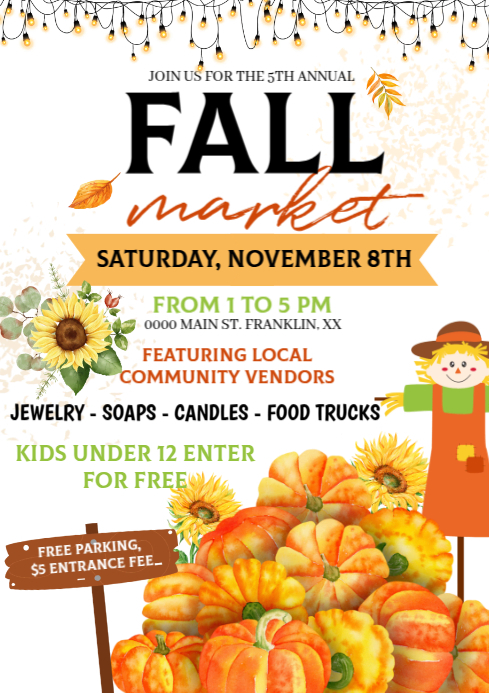 White Illustrative Fall Market A4 Template | PosterMyWall