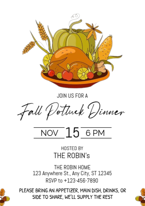 White Illustrative Fall Potluck Dinner Invitation A4 Template ...
