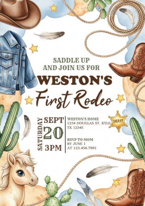 White Illustrative First Rodeo Birthday A4 Template | PosterMyWall