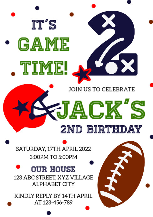 White Illustrative Football Birthday Invitation A4 Template | PosterMyWall