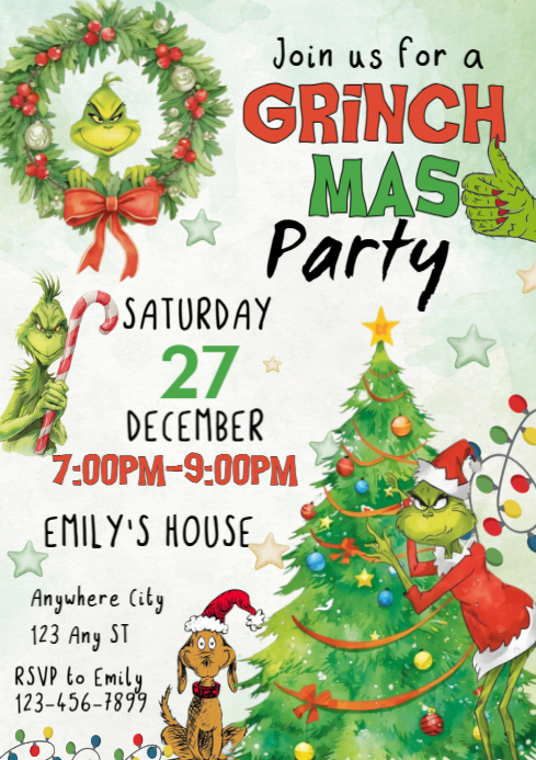 White Illustrative Grinchmas Party Invitation A4 Template | PosterMyWall