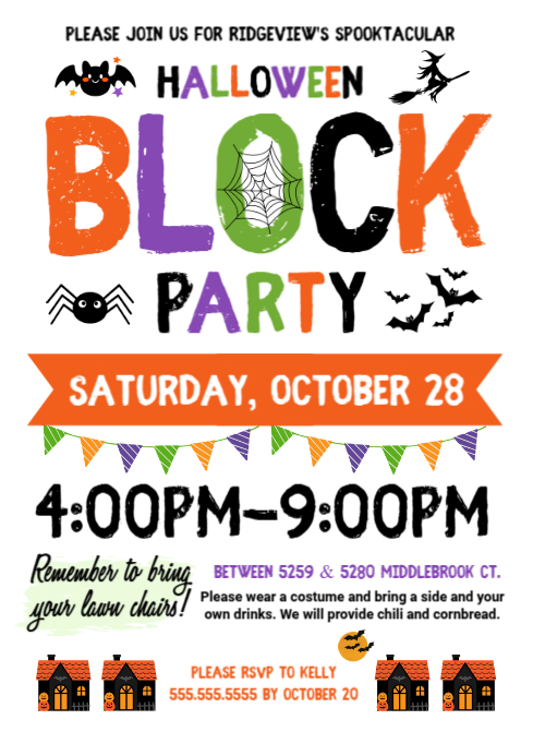 White Illustrative Halloween Block Party A4 Template | PosterMyWall