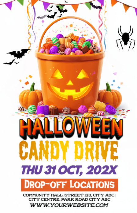 White Illustrative Halloween Candy Drive Tabloid Template | PosterMyWall