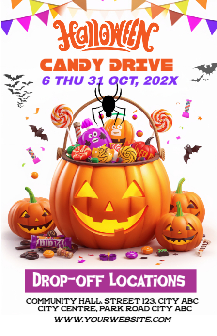 White Illustrative Halloween Candy Drive Tabloid Template | PosterMyWall