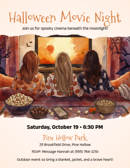 White Illustrative Halloween Movie Night Flyer (us Letter) Template ...
