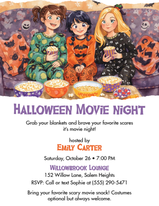 White Illustrative Halloween Movie Night Flyer (us Letter) Template ...