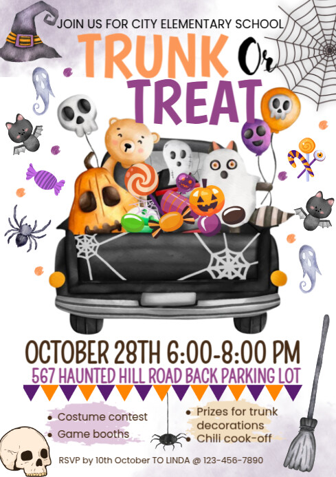 White Illustrative Halloween Trunk Or Treat Invitation A4 Template ...