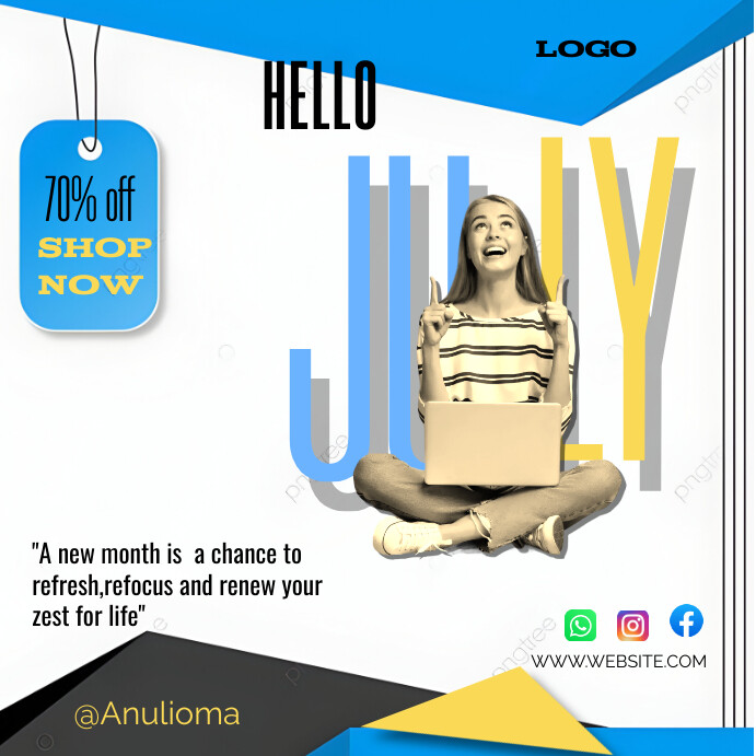 White Illustrative Hello July Instagram Post Templat | PosterMyWall