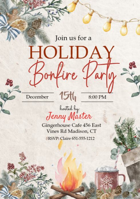 White Illustrative Holiday Bonfire Party A4 Template | PosterMyWall