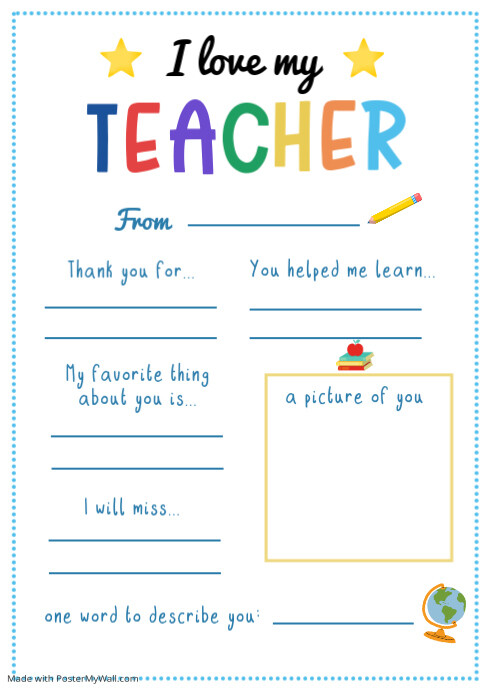 White Illustrative I Love My Teacher A4 Template | PosterMyWall