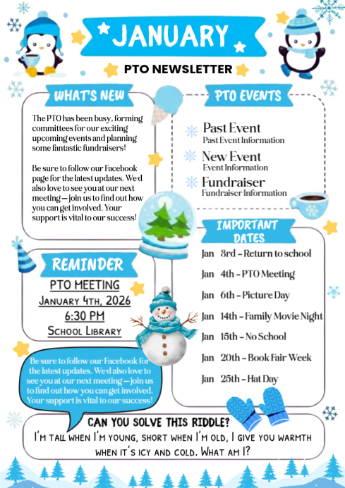 White Illustrative January Newsletter Pta Pto Event A4 Template ...