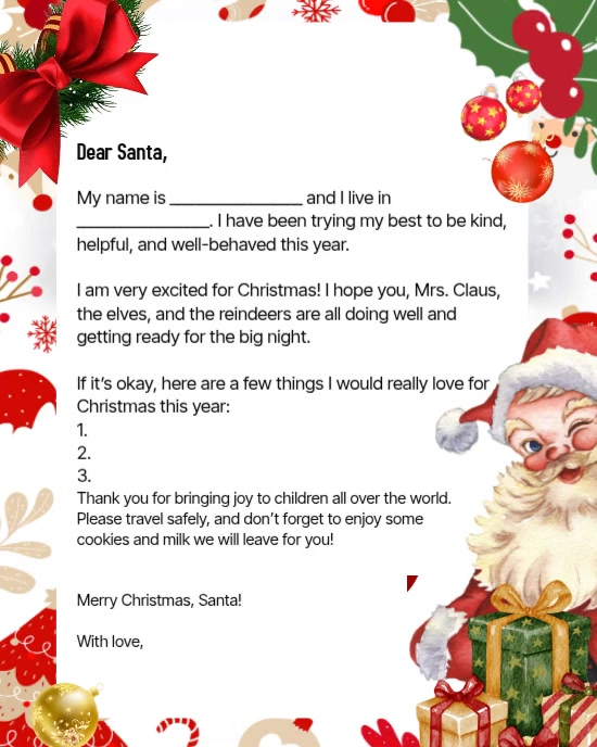White Illustrative Kids’ Letter To Santa Christmas Template Printable ...