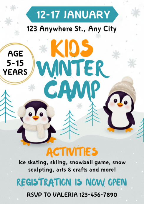 White Illustrative Kids Winter Camp Invitation A4 Template | PosterMyWall