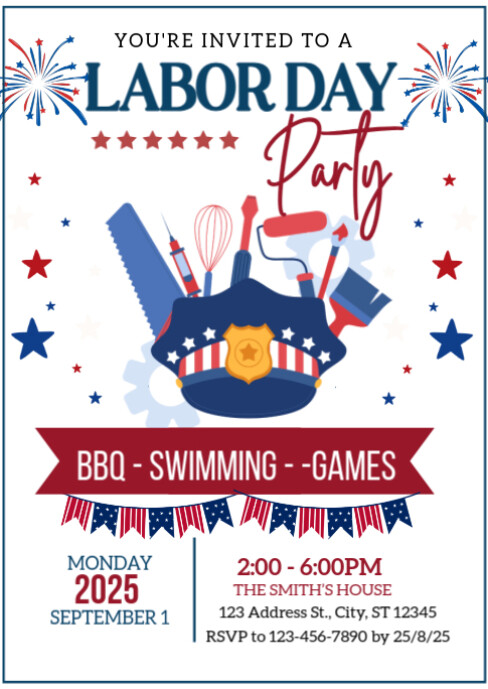 White Illustrative Labor Day Invitation A6 Template | PosterMyWall