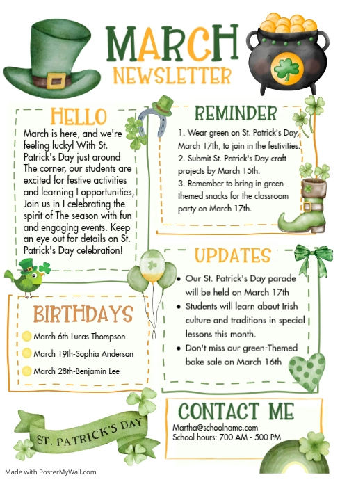 White Illustrative March Newsletter A4 Template | PosterMyWall