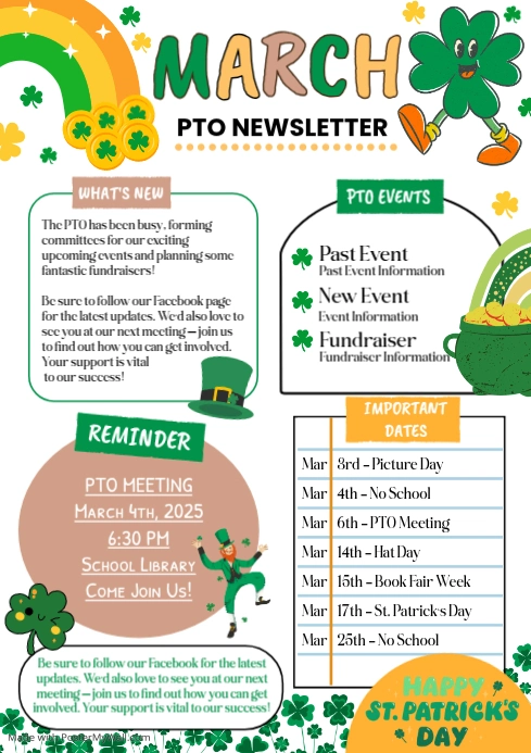 White Illustrative March Pto Newsletter A4 Template | PosterMyWall