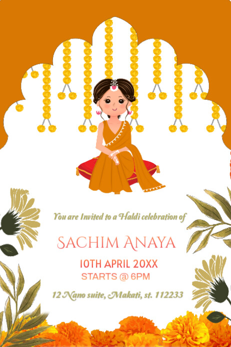 White Illustrative Modern Orange Haldi Invitation Card Design ...