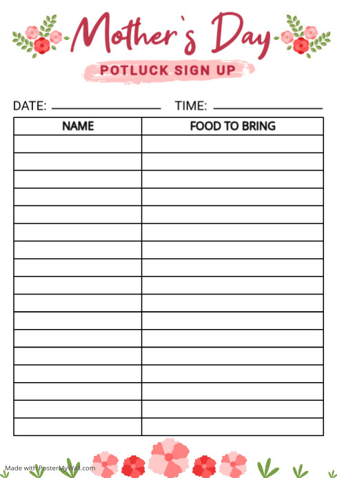 Plantilla de White Illustrative Mothers Day Potluck Sign Up Sheet A4 | PosterMyWall