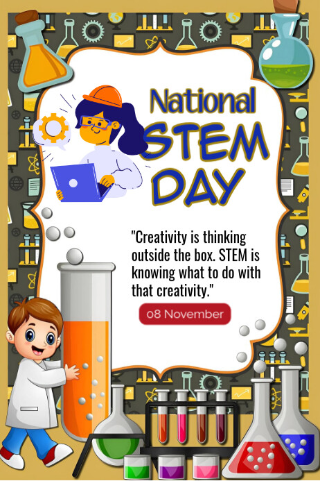 White Illustrative National Stem Day Poster Template | PosterMyWall