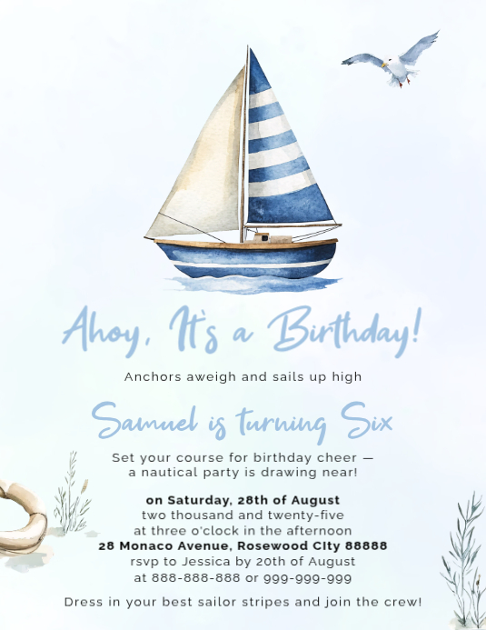 White Illustrative Nautical Birthday Invitation Flyer (us Letter ...