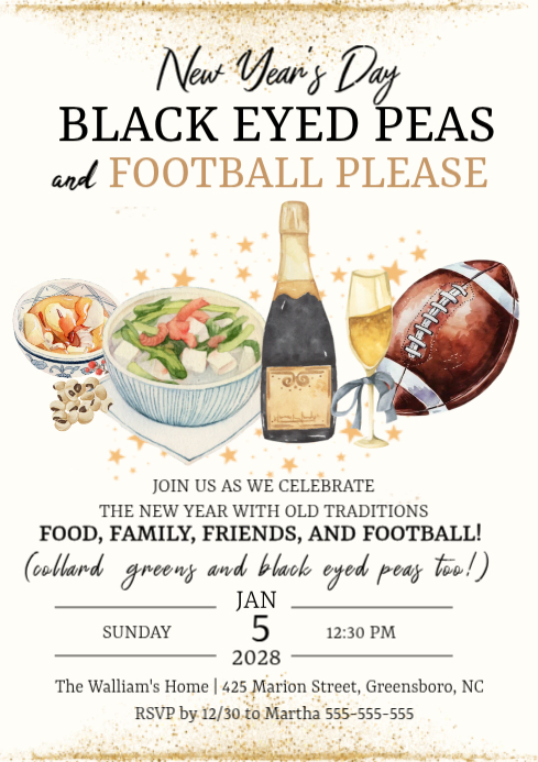 White Illustrative New Year's Day Meal Invite A4 Template | PosterMyWall