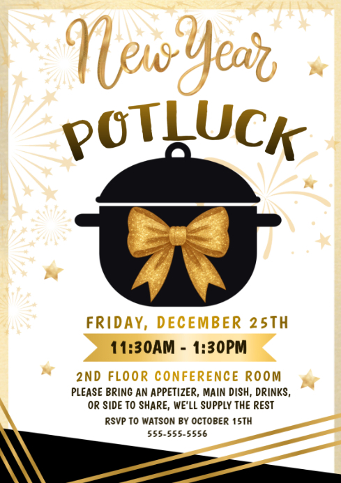 White Illustrative New Year Potluck Party Invitation Flyer A4 Template ...