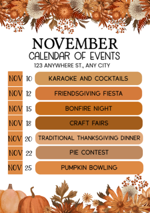 White Illustrative November Calendar Of Event A2 Template | PosterMyWall
