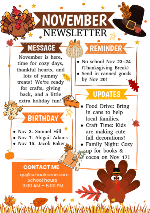 White Illustrative November Classroom Newsletter A4 Template | PosterMyWall