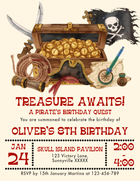 Plantilla de White Illustrative Pirate Birthday Invitation Flyer (us ...