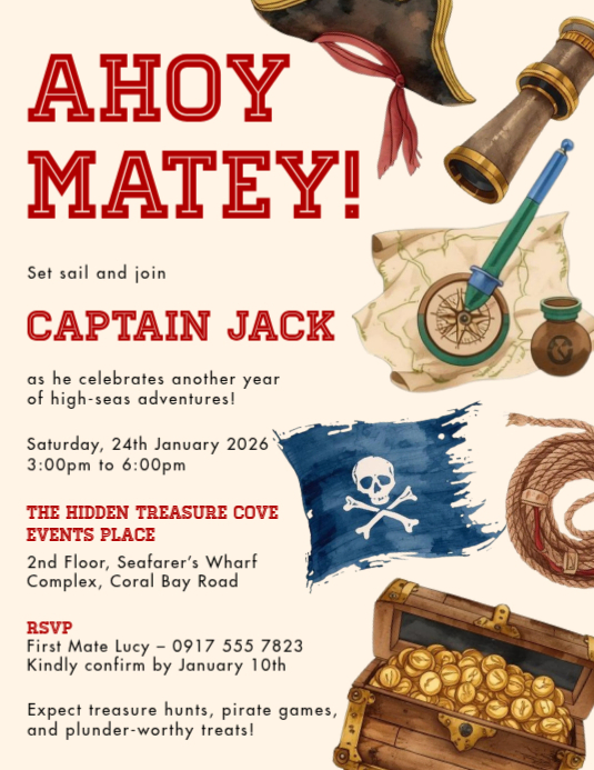 Plantilla de White Illustrative Pirate Birthday Invitation Flyer (us ...