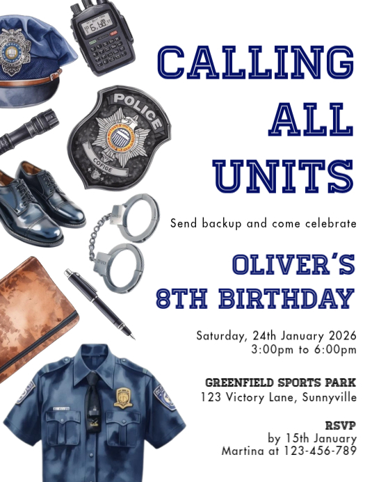 White Illustrative Police Birthday Invitation Flyer (us Letter ...