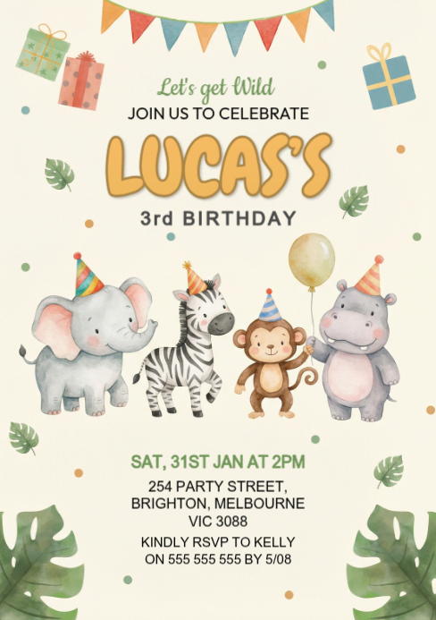 White Illustrative Safari Birthday Invitation A5 Template | PosterMyWall