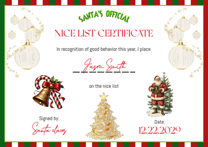 White Illustrative Santa Claus Official Nice List Certificate A4 ...