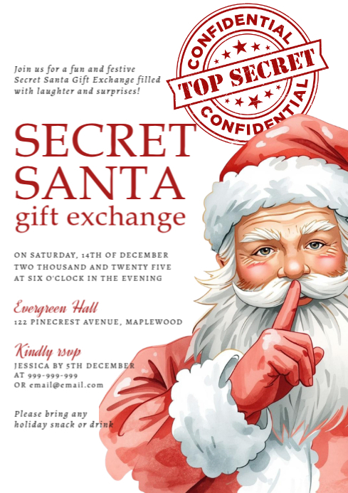 White Illustrative Secret Santa Invitation A4 Template | PosterMyWall