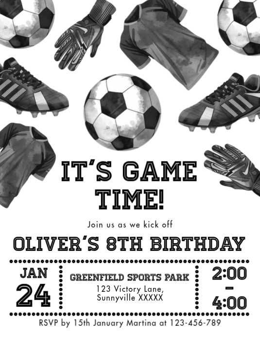 Plantilla de White Illustrative Soccer Birthday Invitation Flyer (us ...