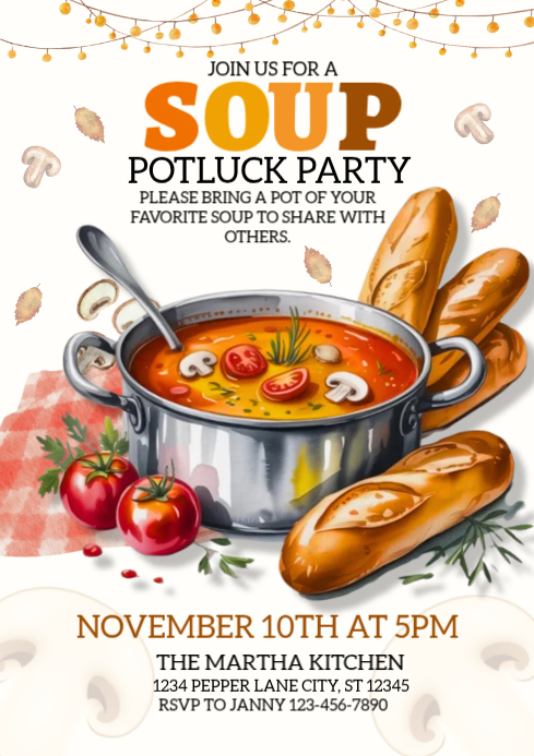 Copy of White Illustrative Soup Potluck Party A4 | PosterMyWall