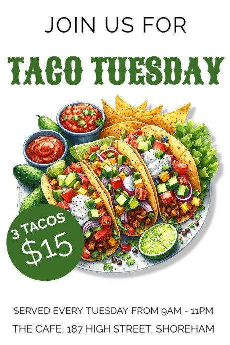 White Illustrative Taco Tuesday Restaurant Poster Template | PosterMyWall