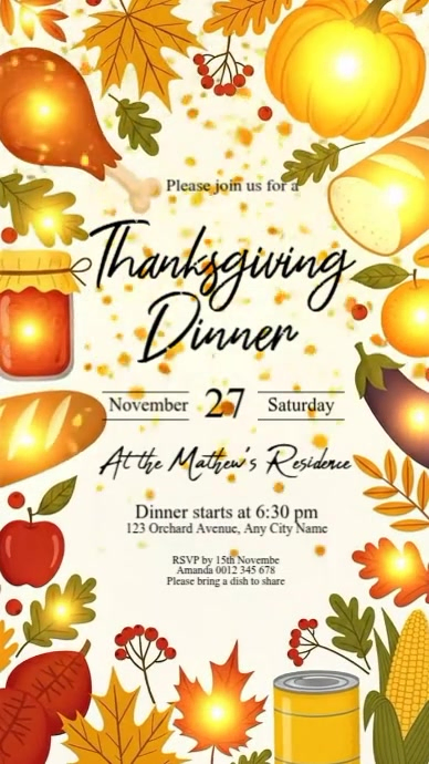 White Illustrative Thanksgiving Dinner Party, Instagram Story Template ...