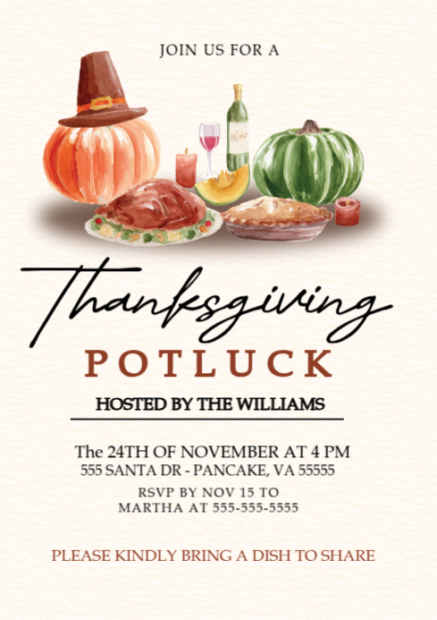 White Illustrative Thanksgiving Potluck A4 Template | PosterMyWall