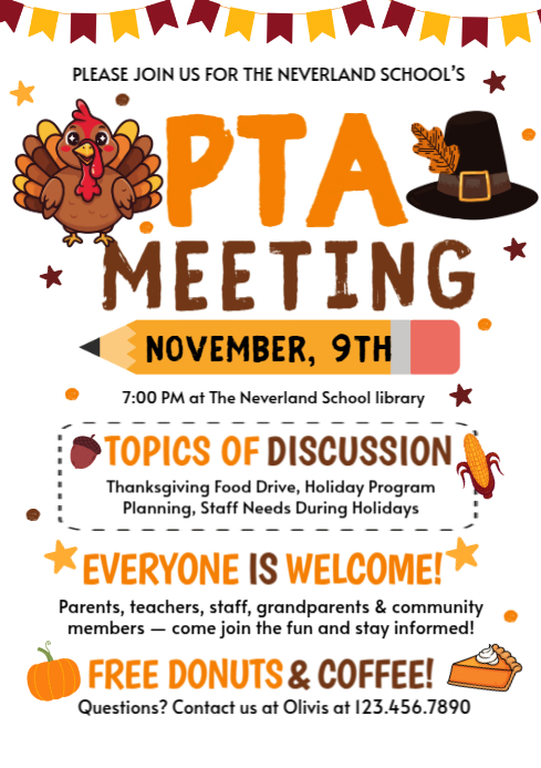 White Illustrative Thanksgiving Pta Meeting A4 Template | PosterMyWall