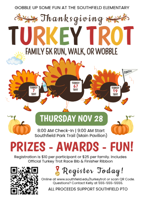 Copy of White Illustrative Thanksgiving Turkey Trot A4 | PosterMyWall