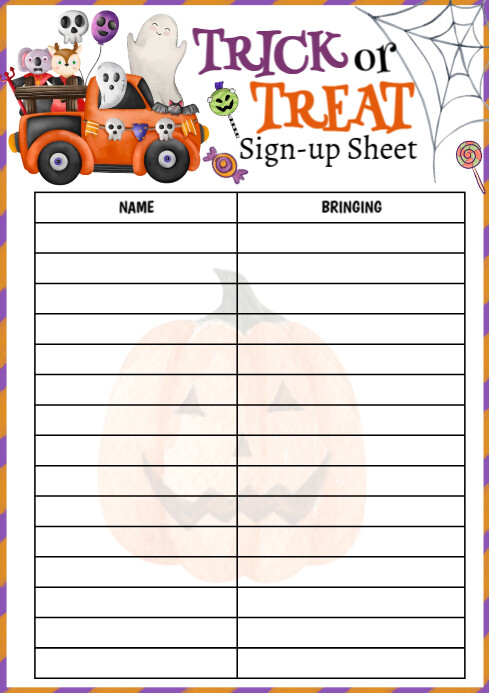 White Illustrative Trick Or Treat Sign-up Sheet A4 Template | PosterMyWall