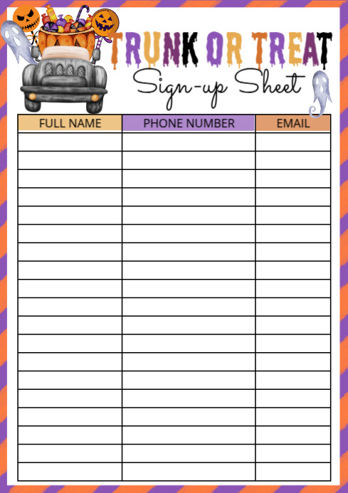 White Illustrative Trunk Or Treat Sign-up Sheet A4 Template | PosterMyWall